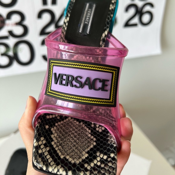 Versace | Shoes | Versace Ss9 Runway Pink Pvc 9s Logo Square Toe Block ...